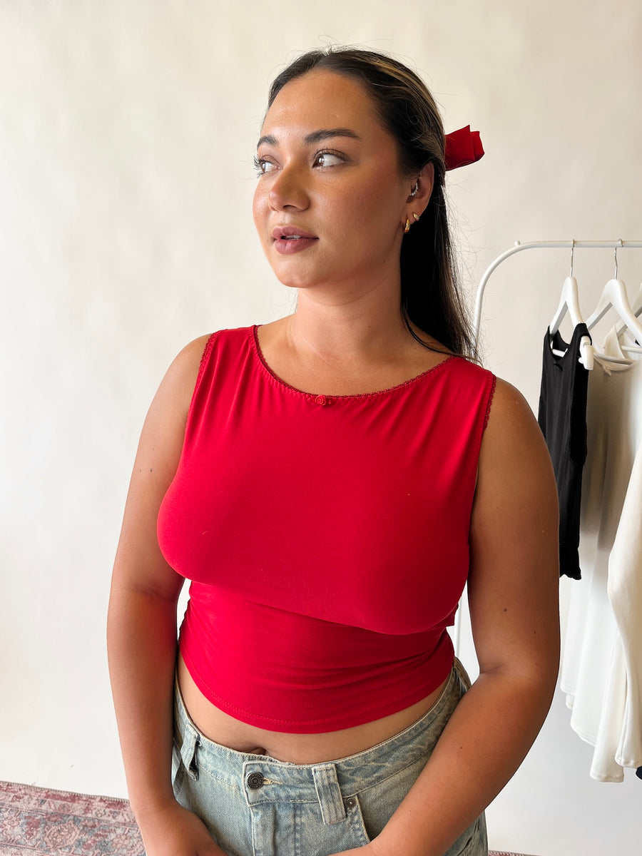 Audrey High Neck Tank Top - Strawberry Red - Ready to ship – Evie Joynes